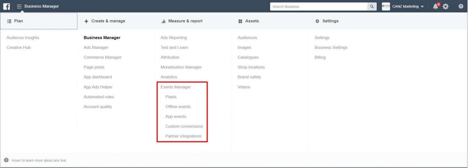 Facebook Events Manager tool in the Business Manager - Canz Marketing